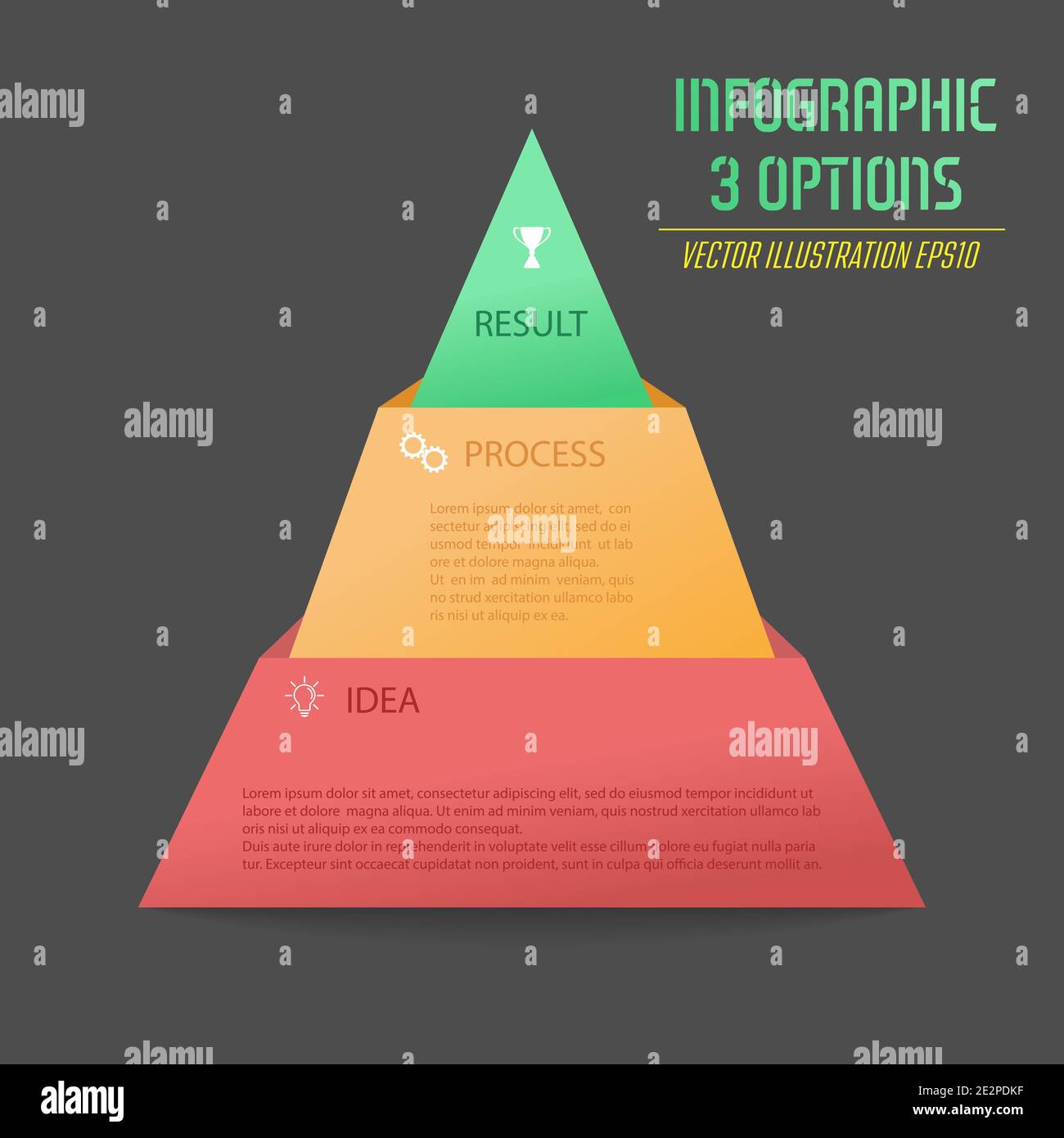 Infographic pyramid. The triangle diagram is divided into 3 parts. Business strategy, project ...