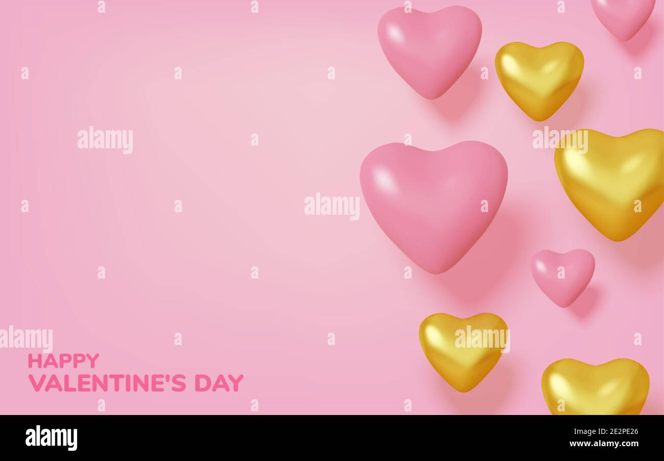 Valentines Day greeting card. Realistic 3d pink and gold hearts. Love ...