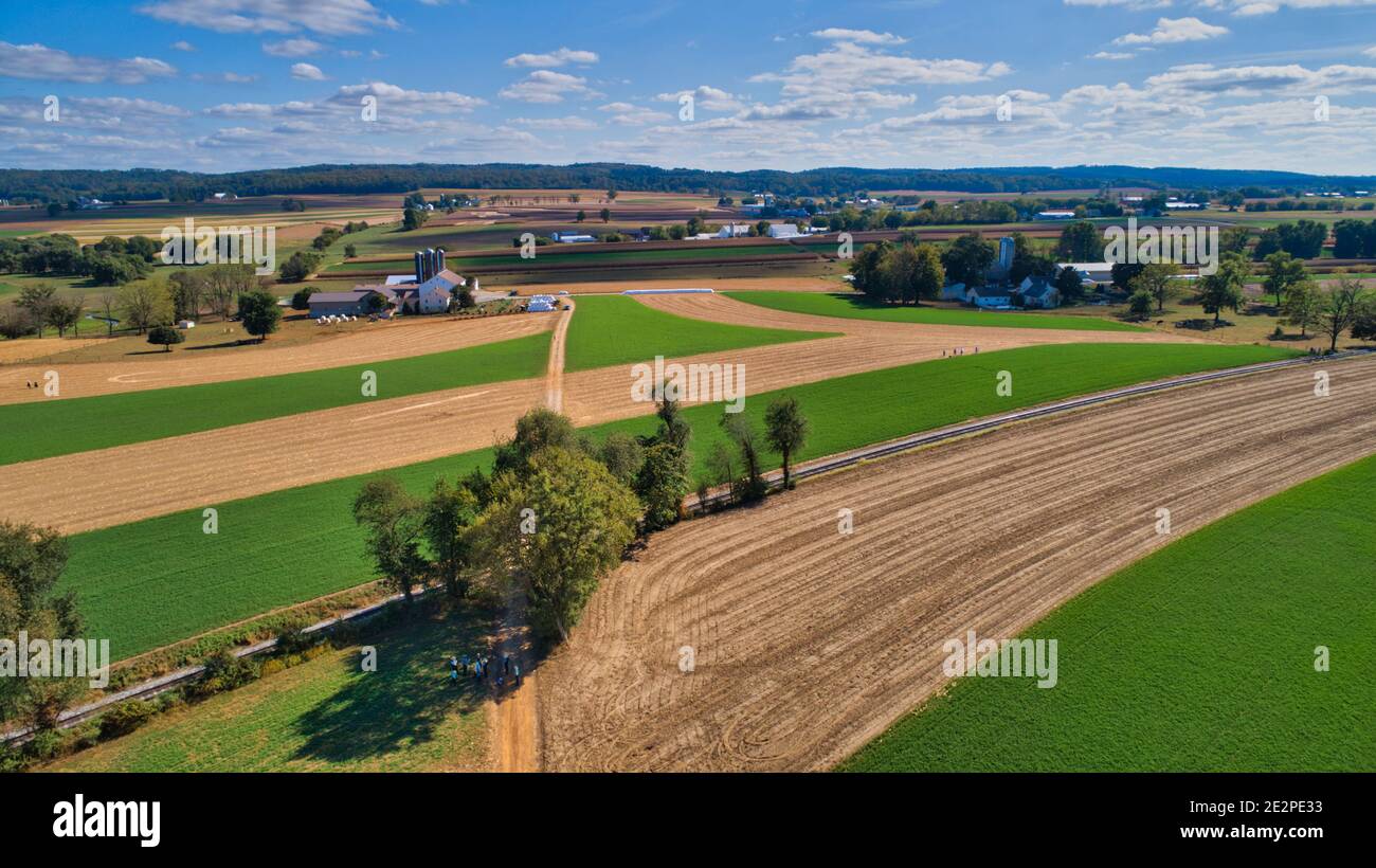 Aerial View of Multiple Farms and Train Tracks going Thru Them on a ...