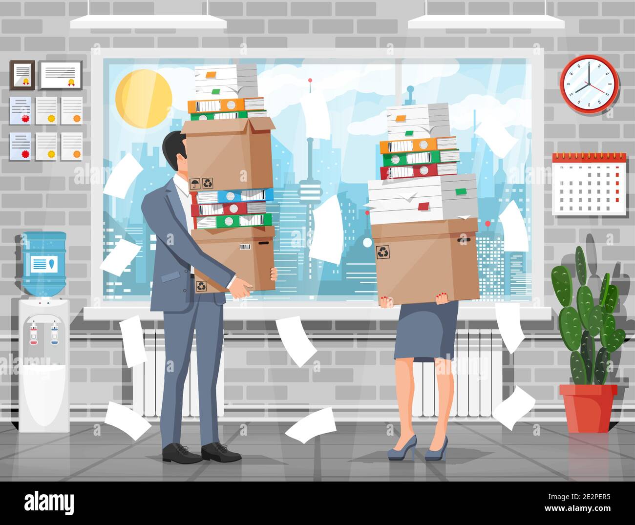 Stressed businesswoman and businessman holds pile of office documents ...