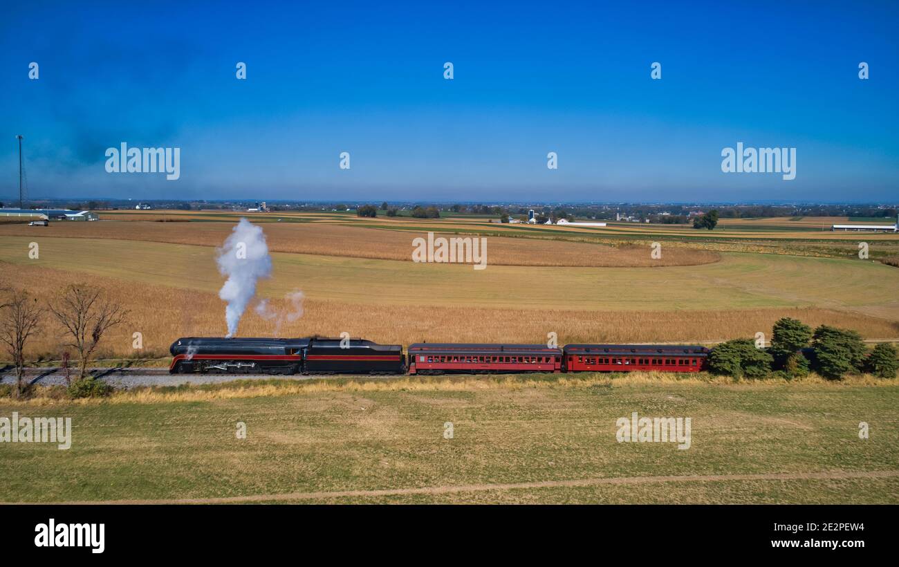 Aerial View of a Restored Antique Steam Locomotive Pulling Passenger ...
