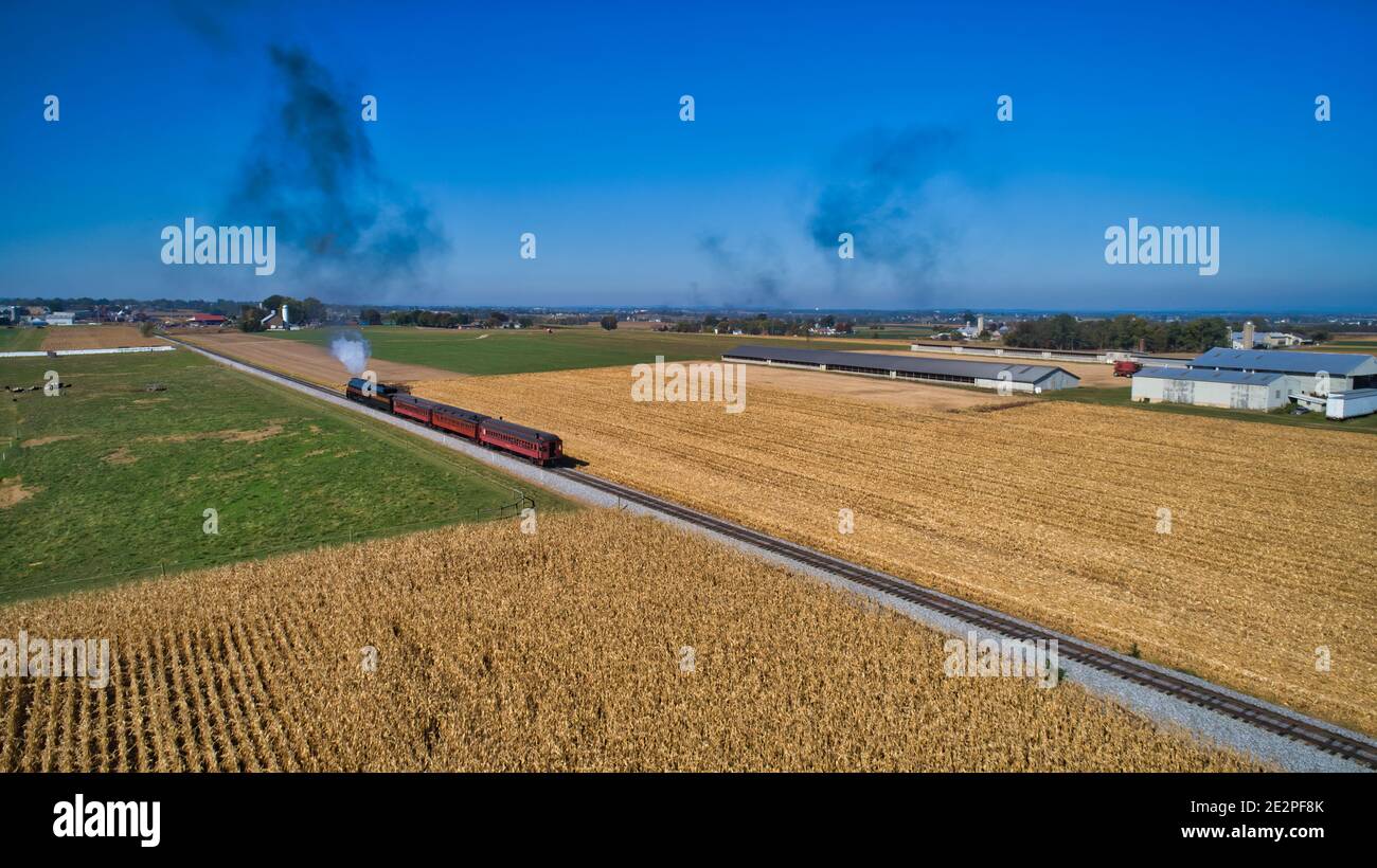 Aerial View of a Restored Antique Steam Locomotive Pulling Passenger ...