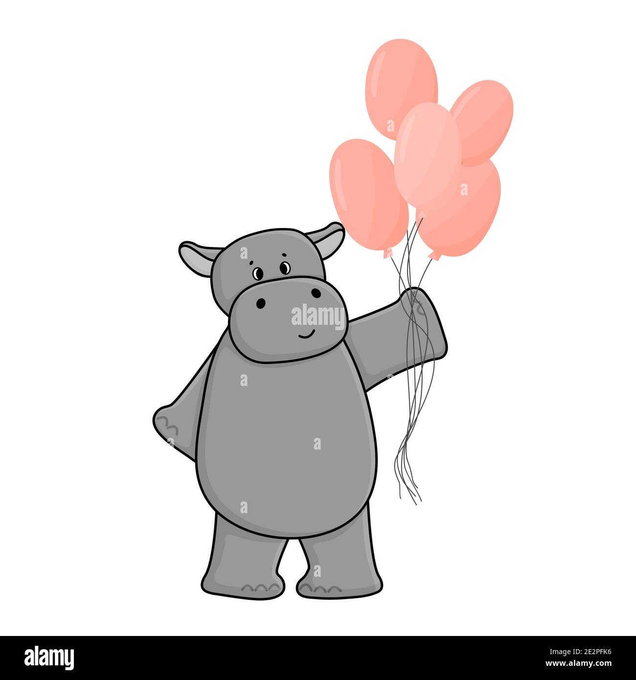 Gray cute cartoon hippo with pink gas balloons for some holiday ...