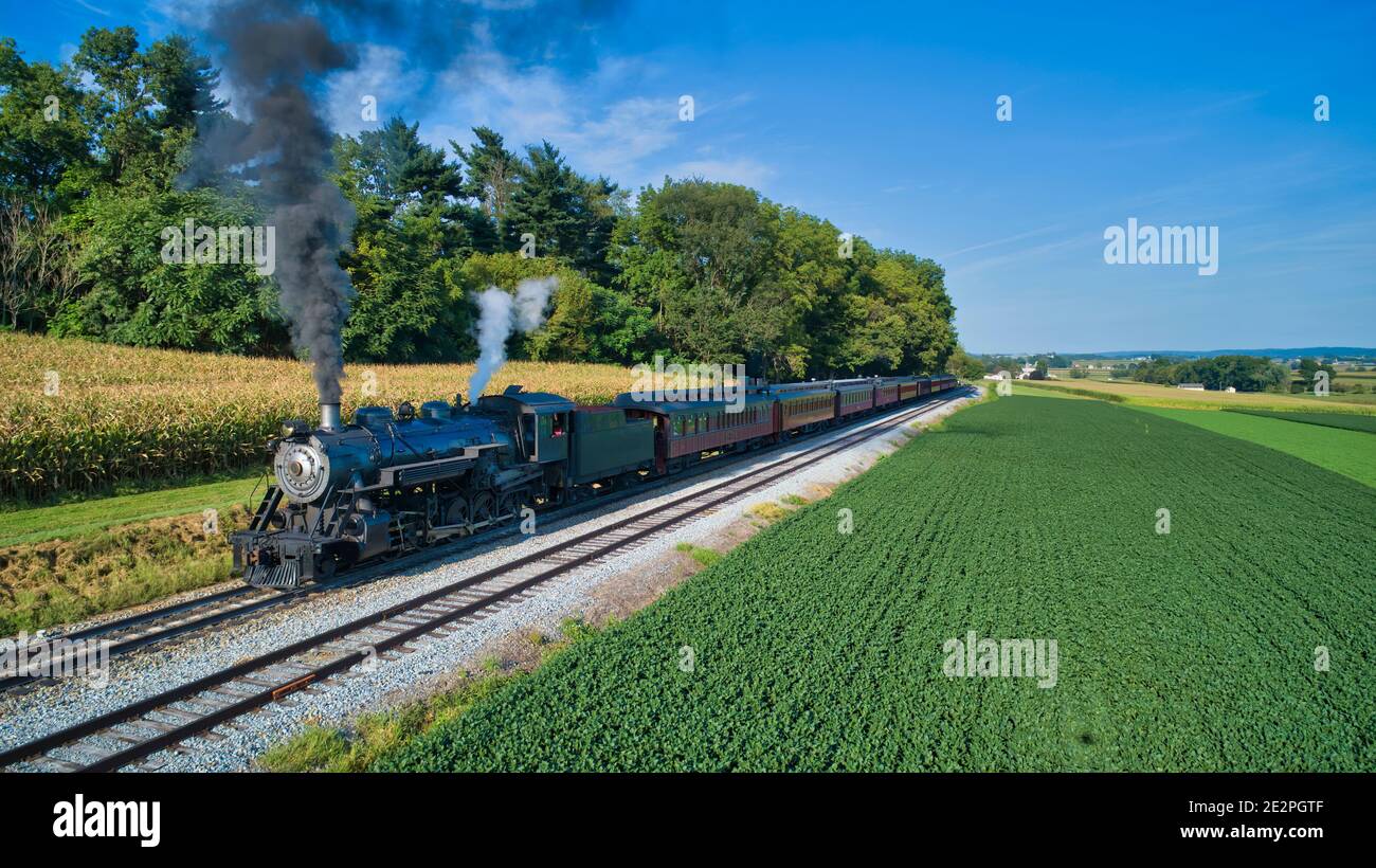 Aerial View of a Restored Antique Steam Engine and Passenger Cars ...