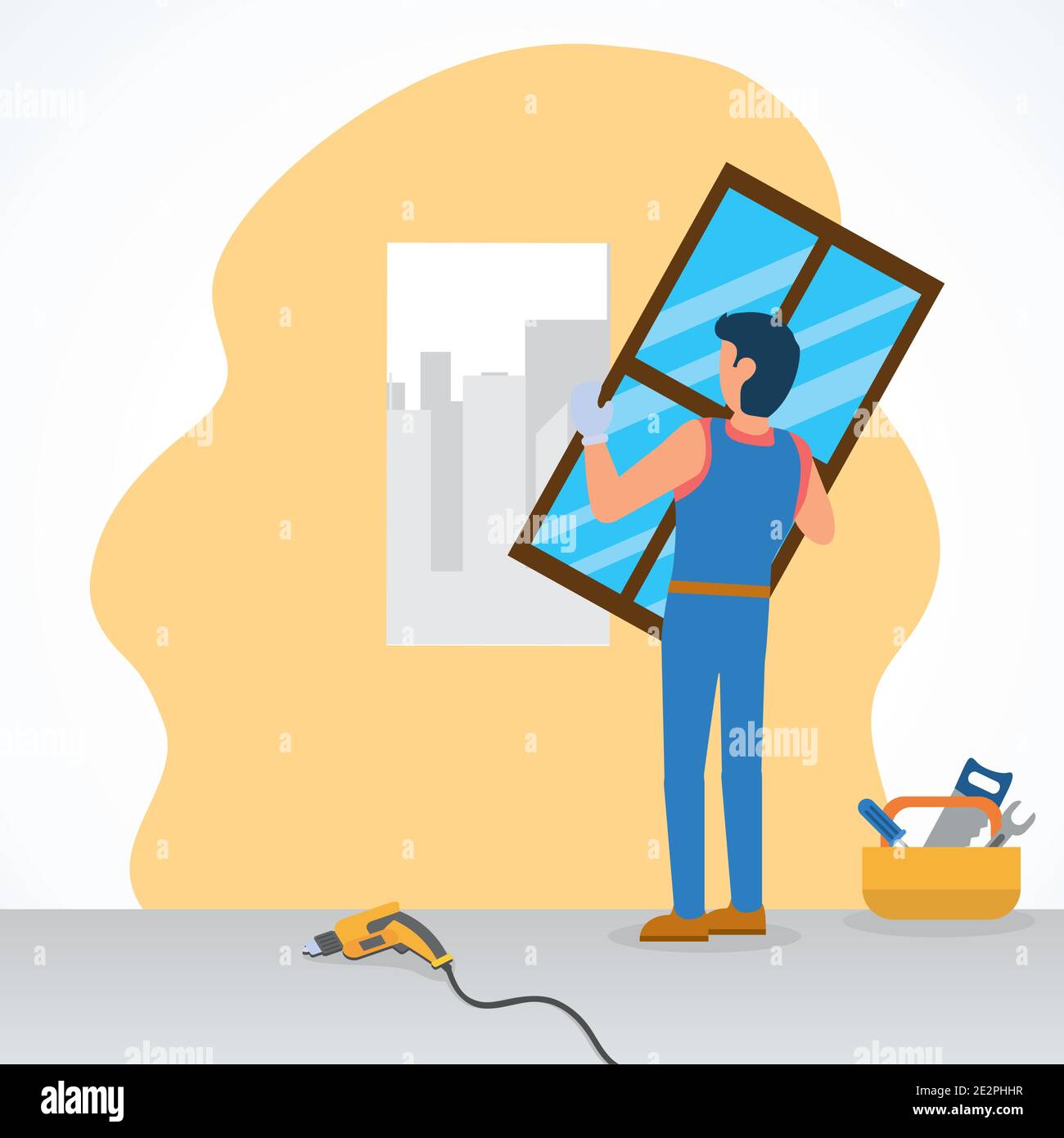 construction worker installing a window and tools around over white ...
