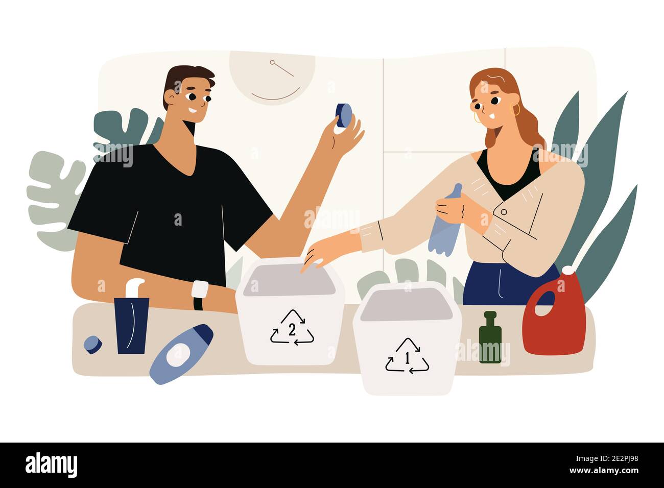 Young couple sorting plastic waste at home, separating PETE and HDPE ...