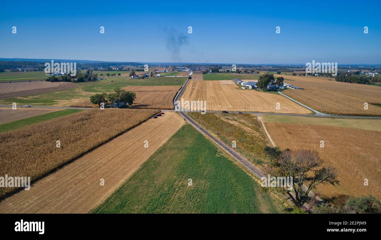 Aerial View of Multiple Farms and Pastures with Field of Corn and other ...