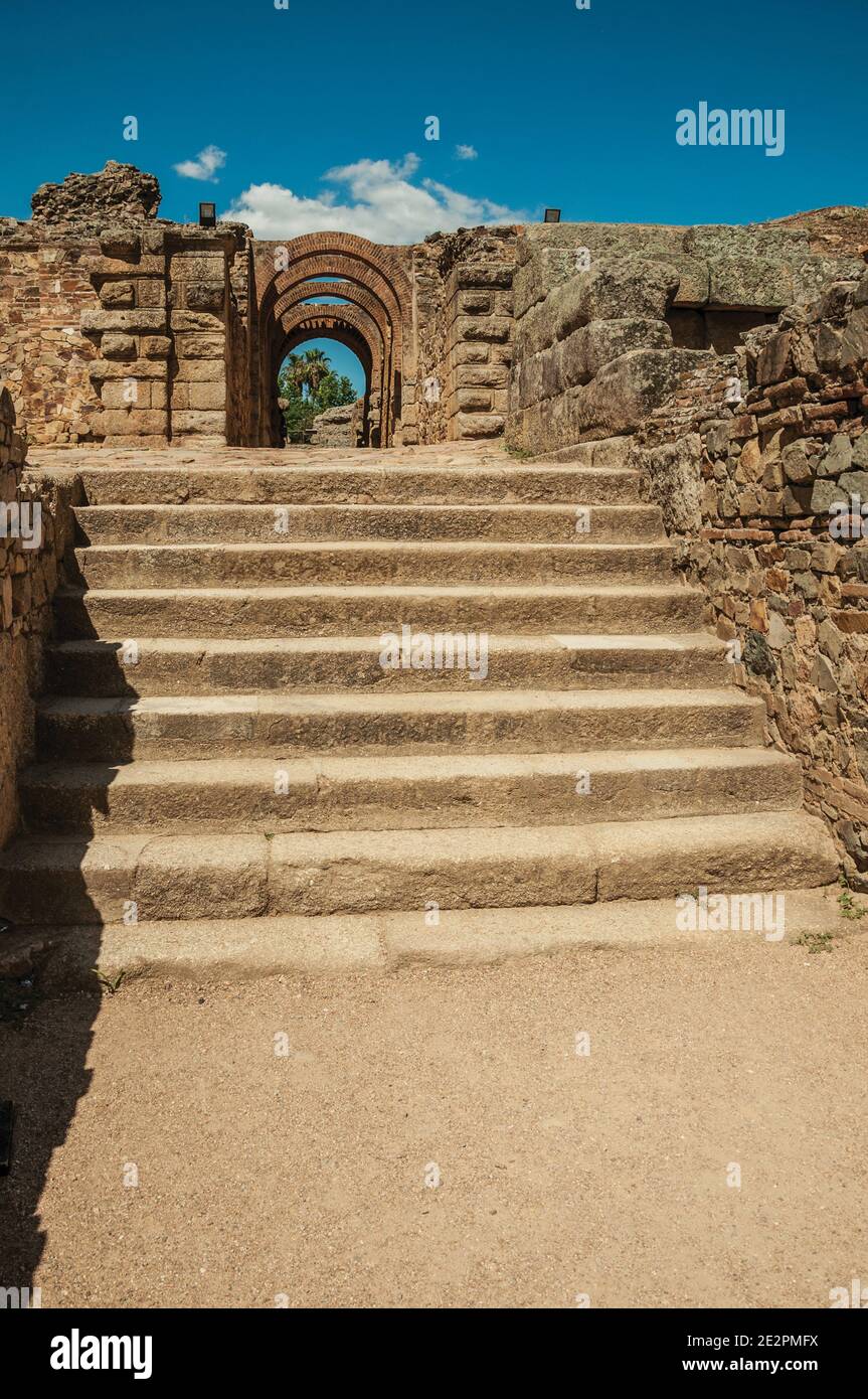 Exit gateway with arches of Roman Amphitheater and stairs at the ...