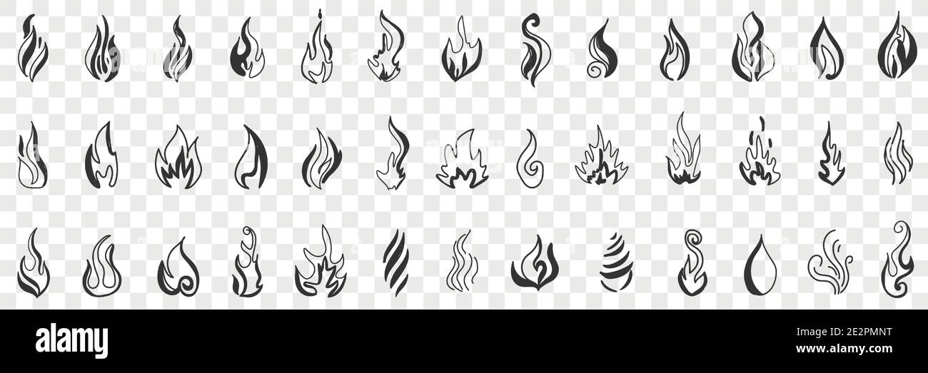Fire and flame doodle set. Collection of hand drawn fire flames and ...