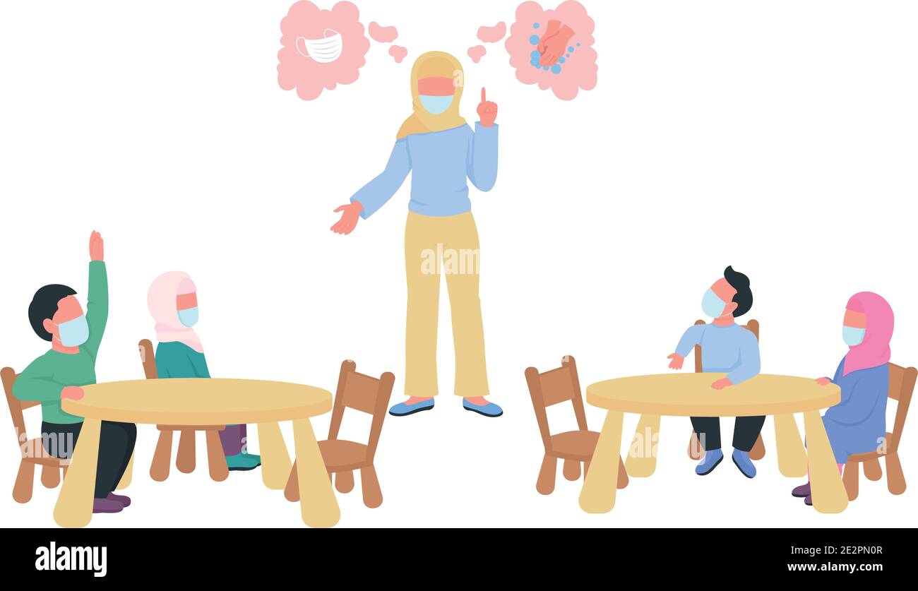 Muslim teacher with children in medical mask flat color vector faceless ...