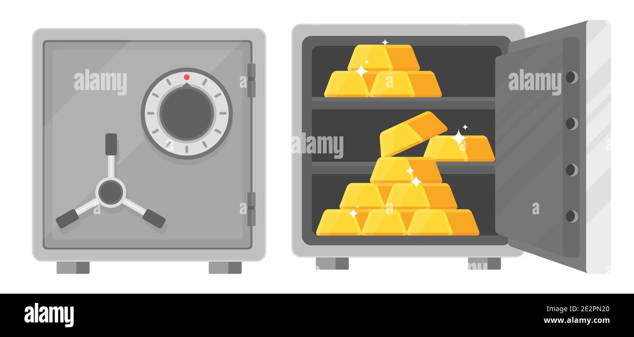 Closed bank safe and empty deposit safe with open door. Flat vector ...