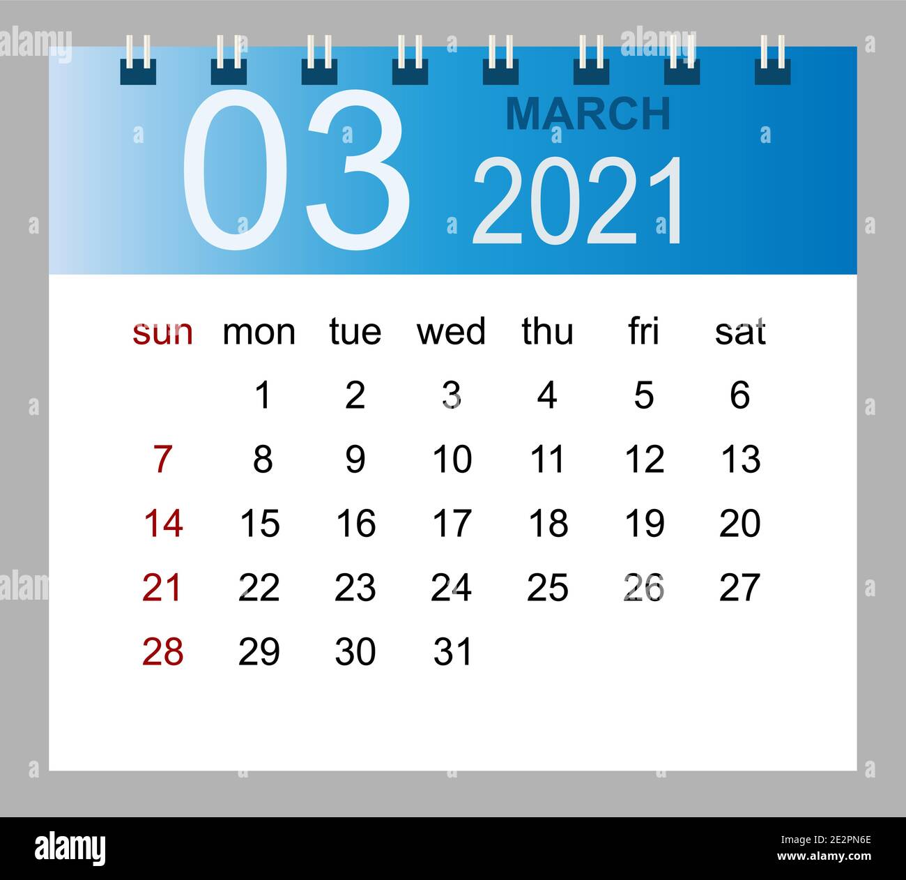Simple desk calendar for March 2021. Week starts Sunday. Isolated ...