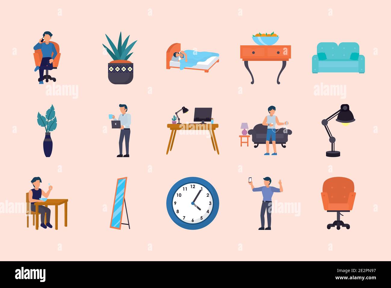 furniture and people daily rutines icon set over pink background, flat ...