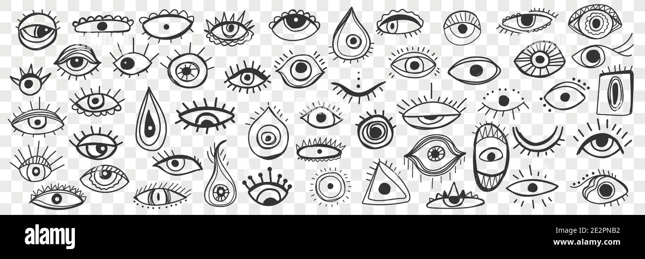 Spiritual occult eye doodle set. Collection of hand drawn various eyes ...
