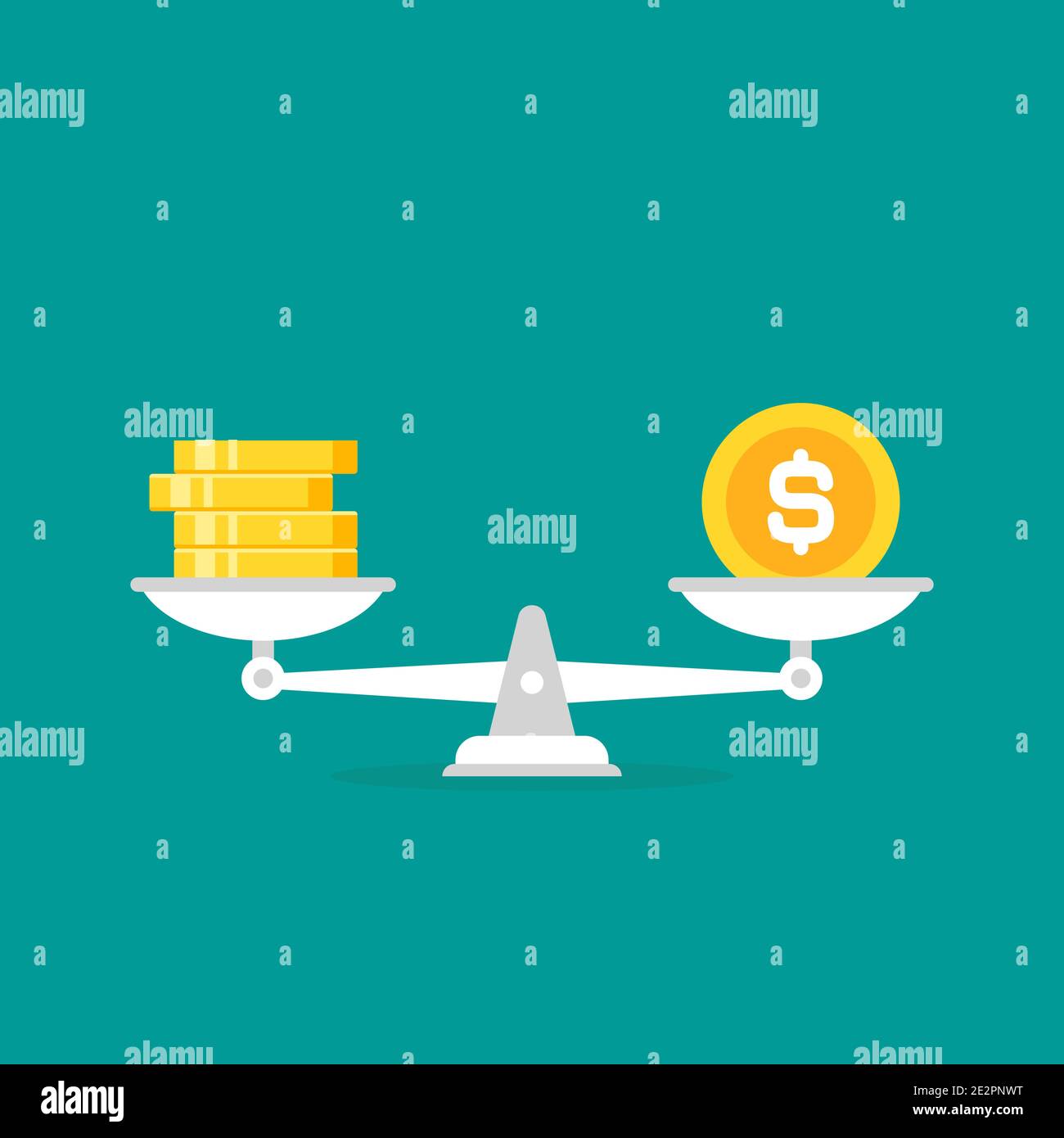 White mechanical scales with gold dollar coin and stack of coins in ...