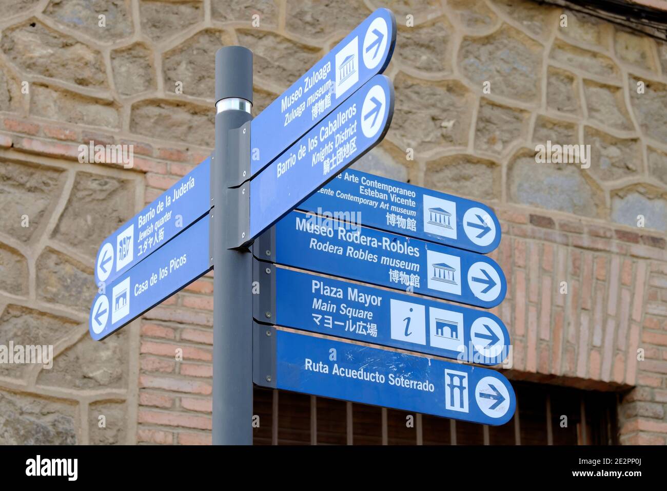 Touristic signpost with indications in multiple languages in the city ...