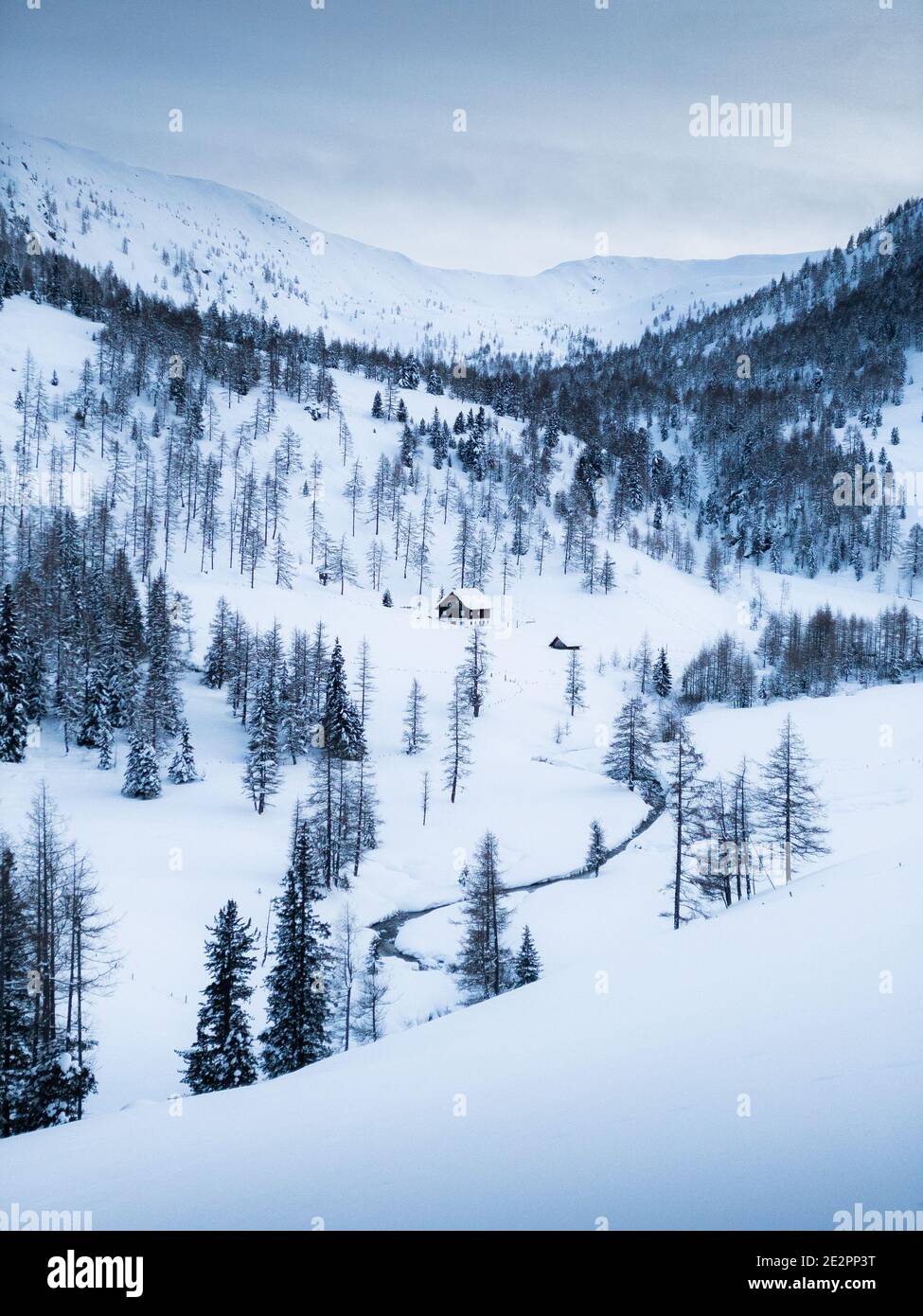 Scenic panorama view of idyllic winter wonderland mountain scenery in ...