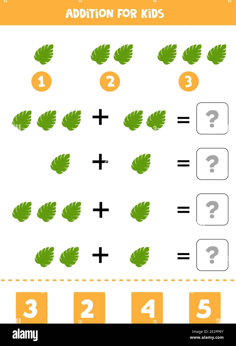 Addition worksheet with cute cartoon leaf. Math game Stock Vector Image ...