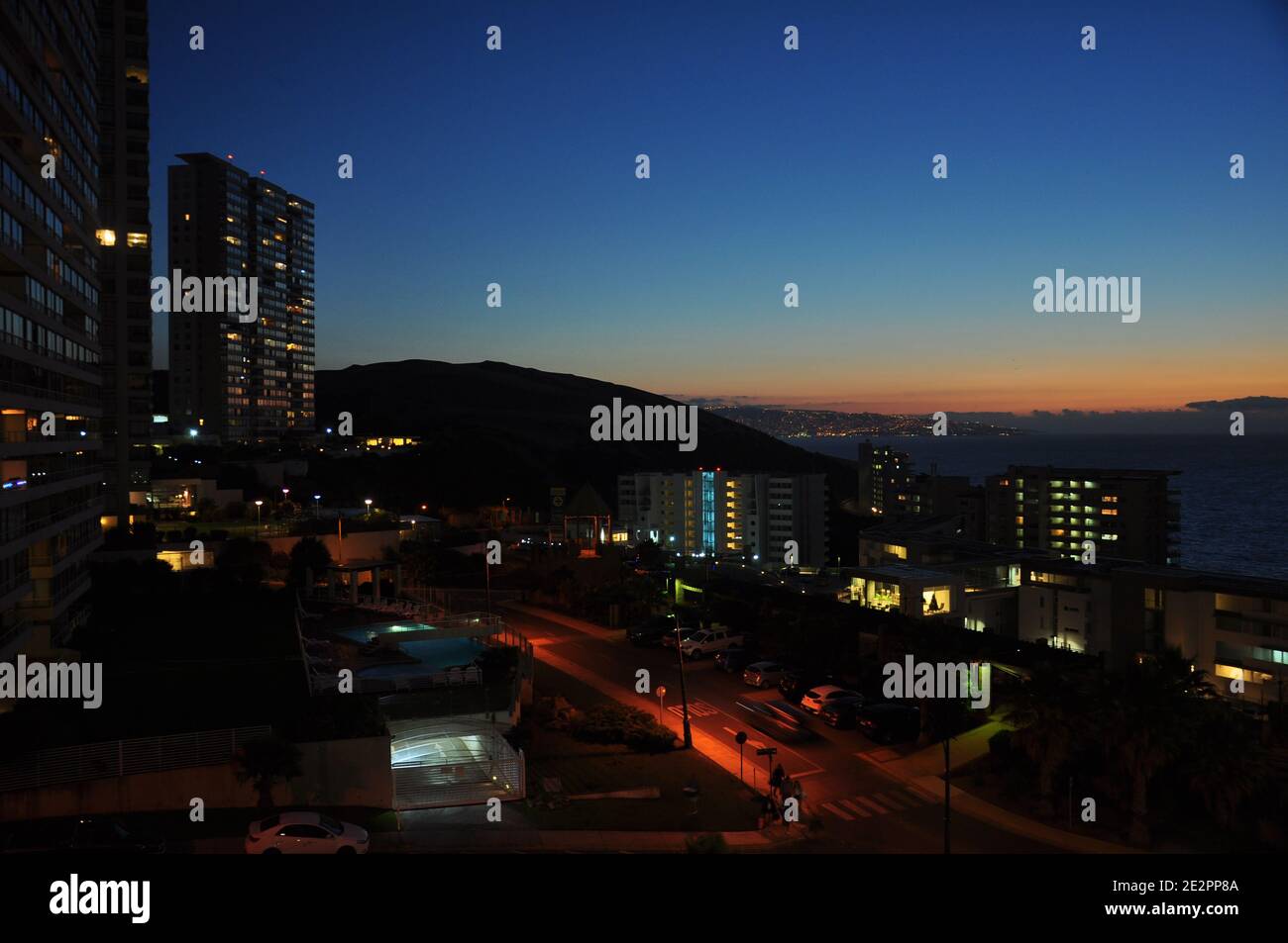 Sunset in Concon Beach, near Vina del Mar, Chile, in the summer Stock ...