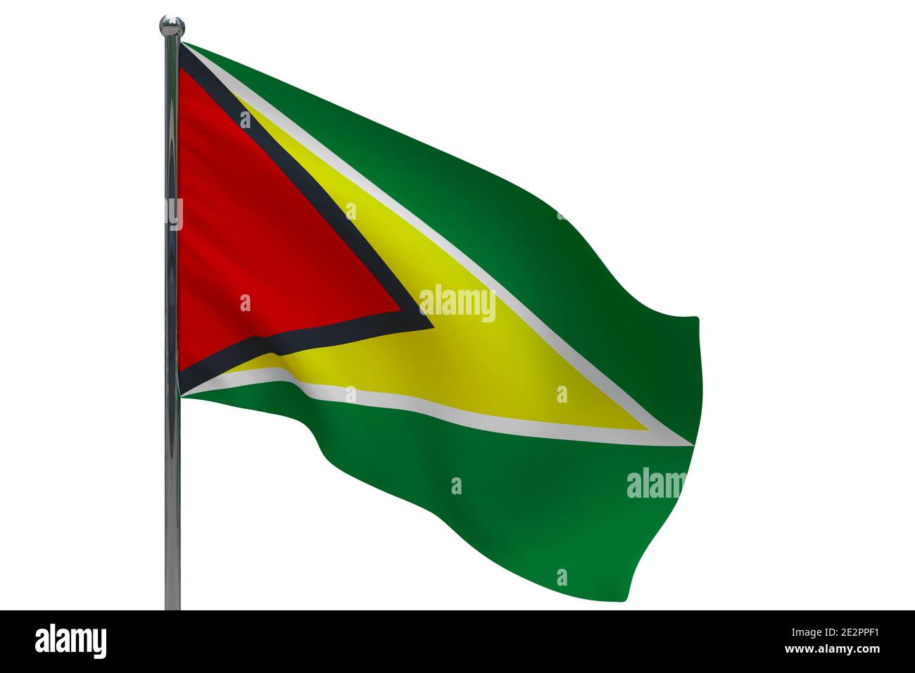 Guyana flag on pole. Metal flagpole. National flag of Guyana 3D illustration isolated on white ...