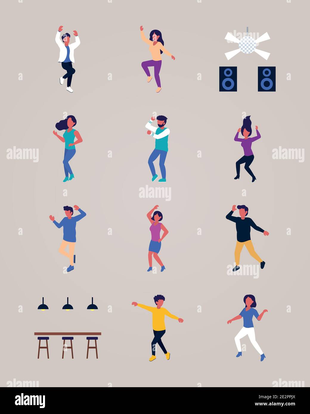 icon set of people dancing and bar stuffs over brown background ...