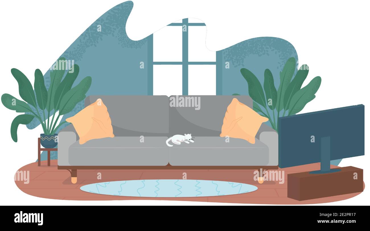 Modern living room with TV and couch 2D vector web banner, poster Stock ...