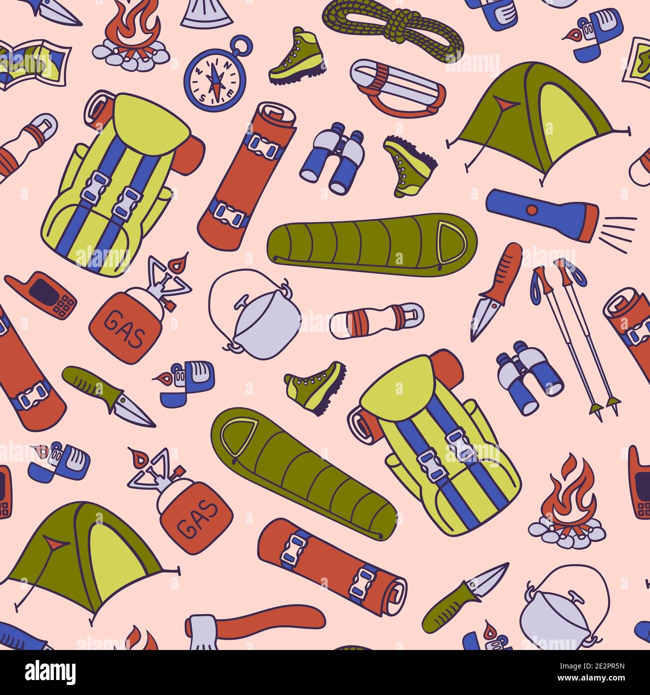 Seamless pattern with trekking and hiking equipment. Vector ...