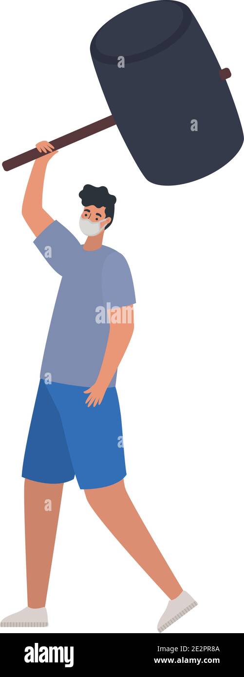 man with one safety mask and one big hammer over a white background ...
