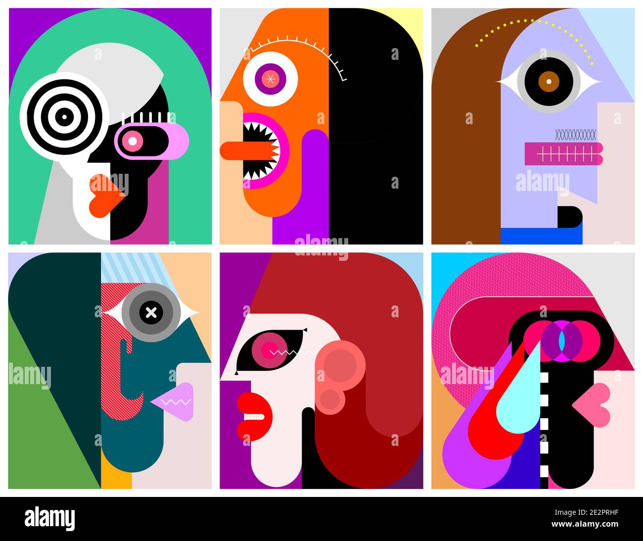 Six People Portraits modern art vector illustration. Six different ...