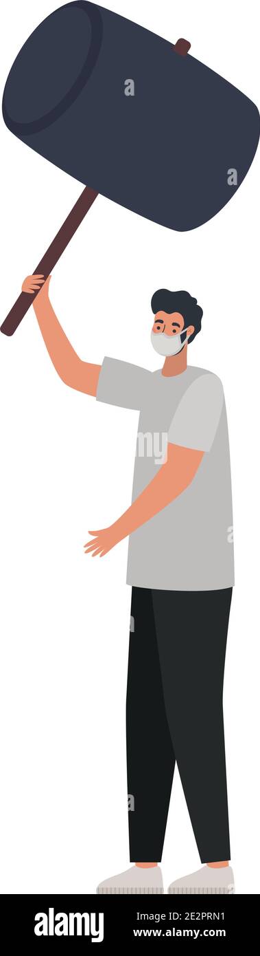 man with one safety mask and one big hammer on a white background Stock ...