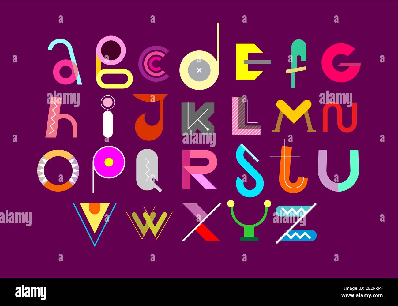 Colored abstract font design isolated on a purple background. Alphabet ...