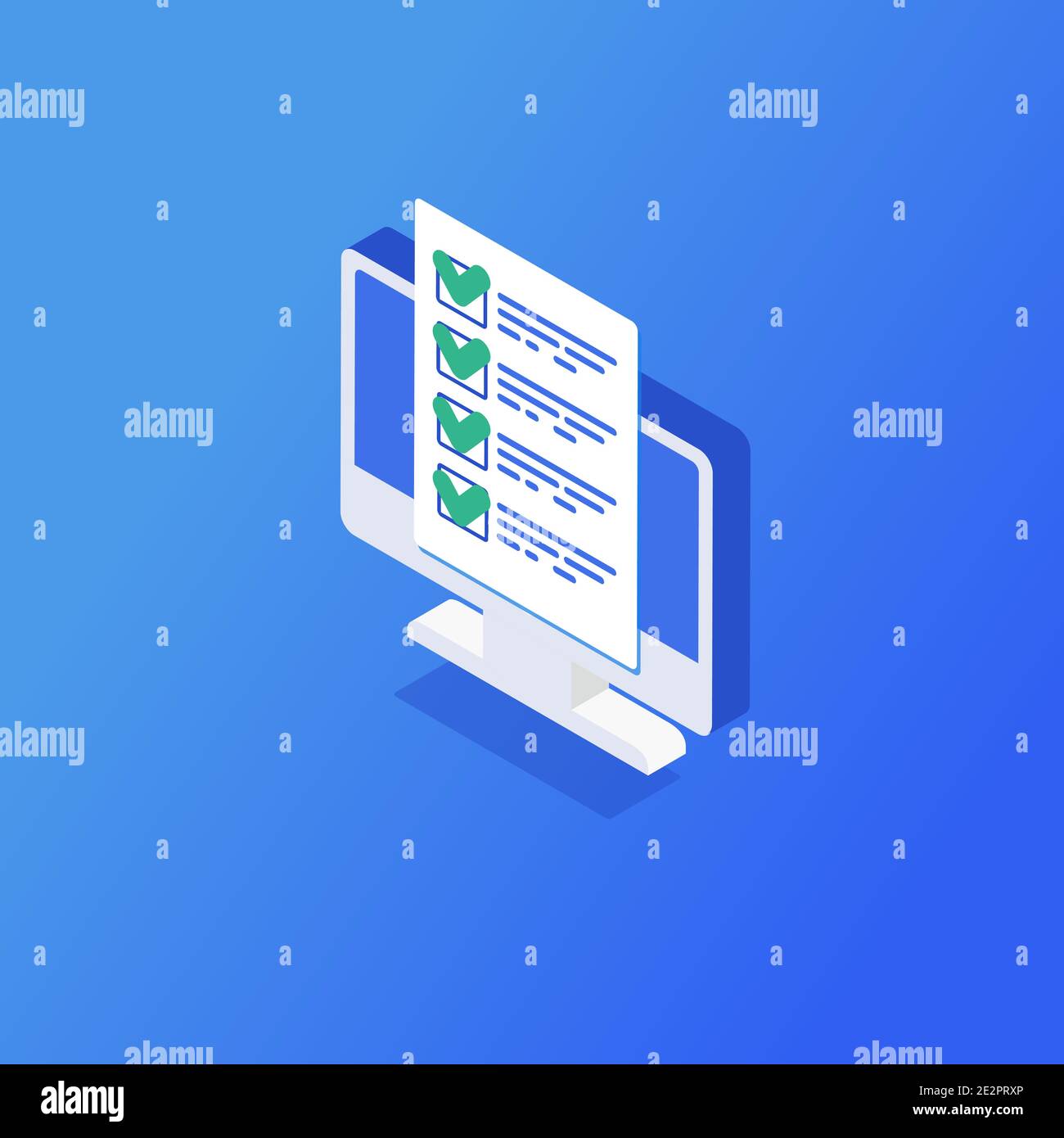 List and checkbox and marks on desktop compute. Green tick on monitor screen. Feedback, choice ...
