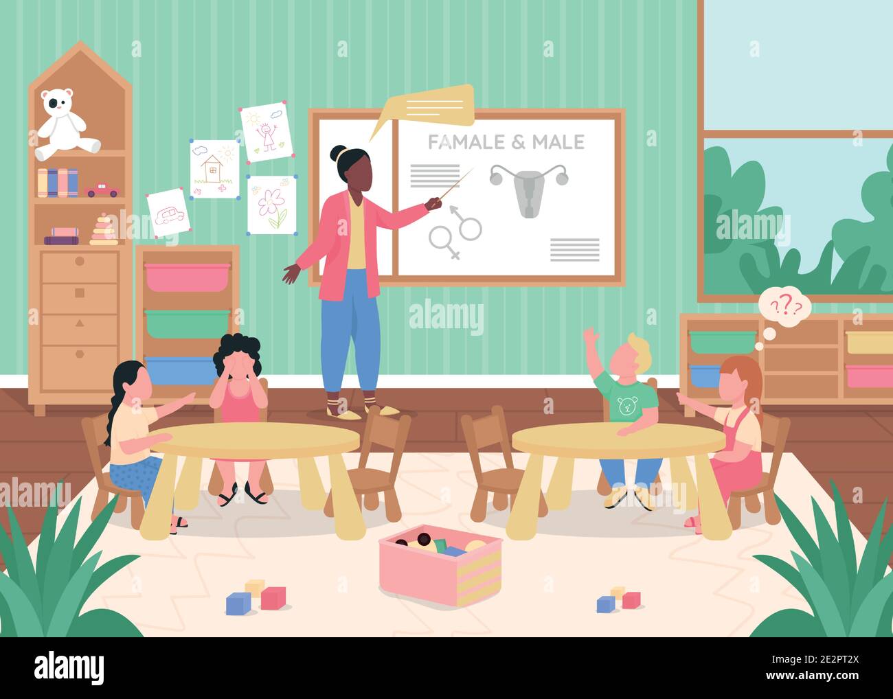 Anatomy class in preschool flat color vector illustration Stock Vector ...