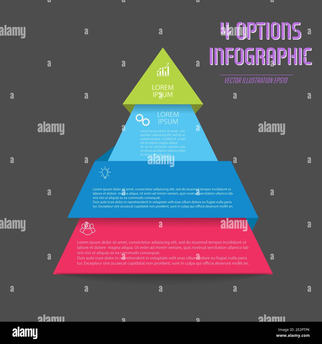 Infographic pyramid. The triangle diagram is divided into 4 parts. Business strategy, project ...