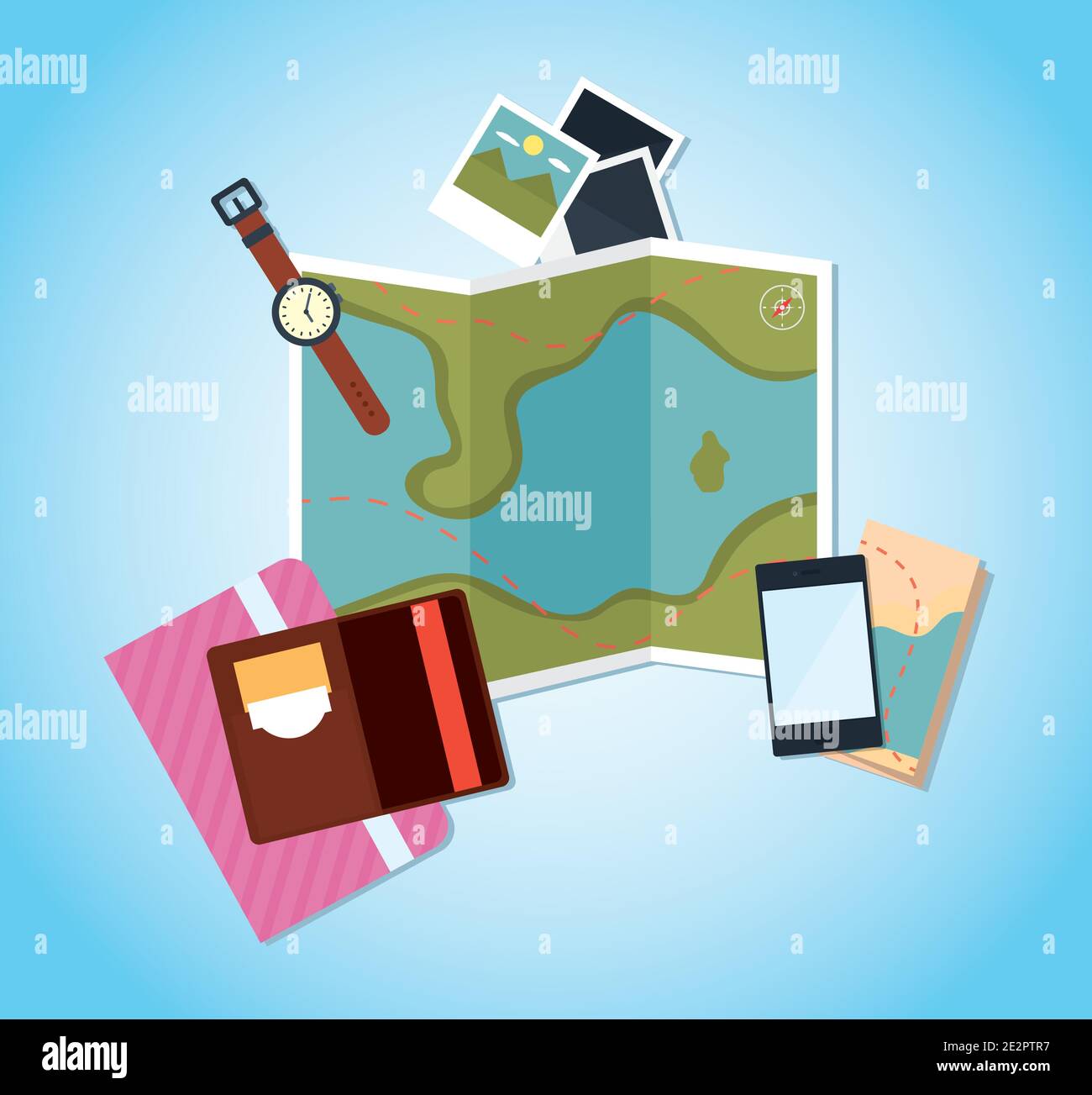 travel map and related icons around over blue background, colorful ...