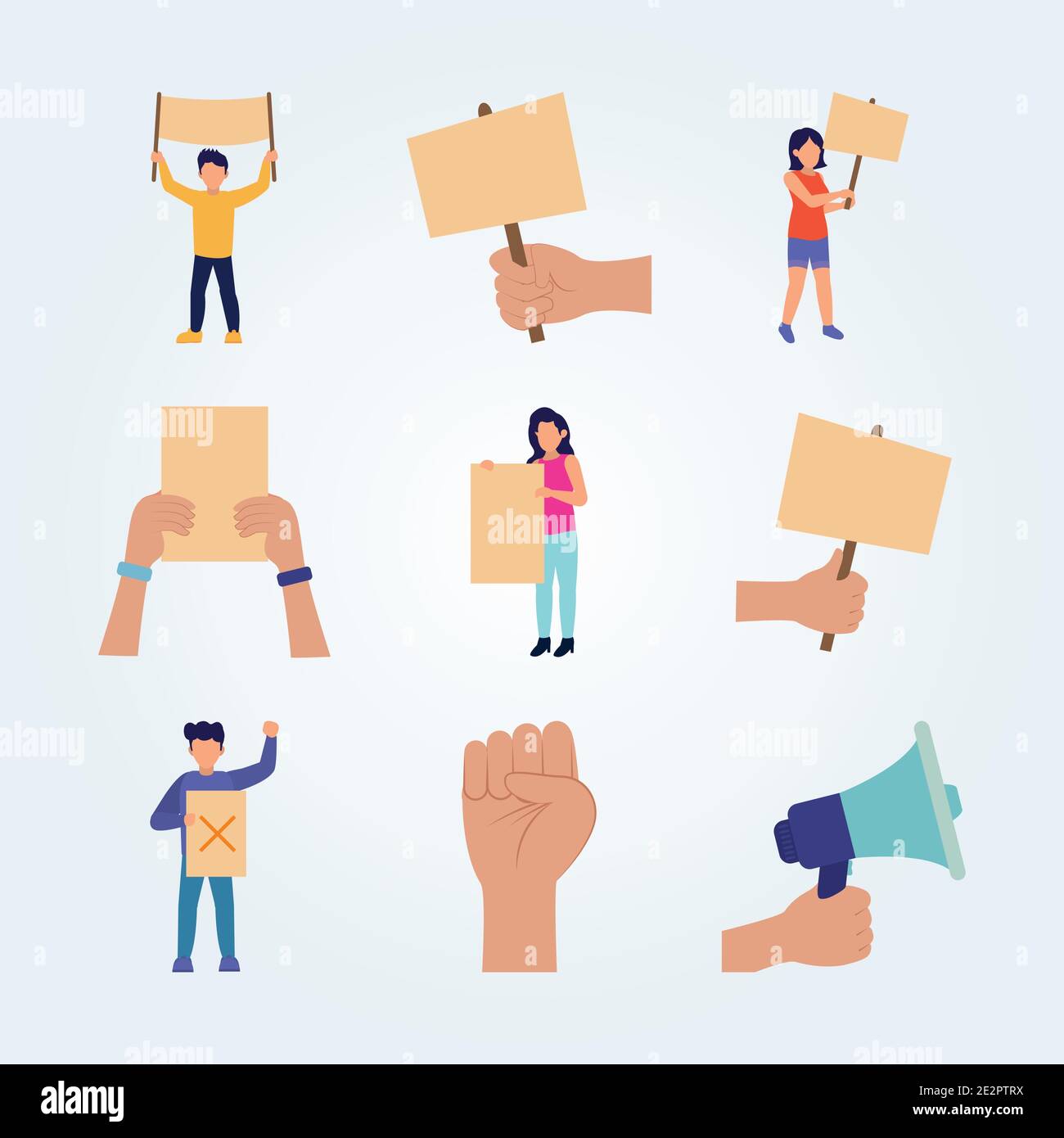 hands and people protesting icon set over white background, colorful ...