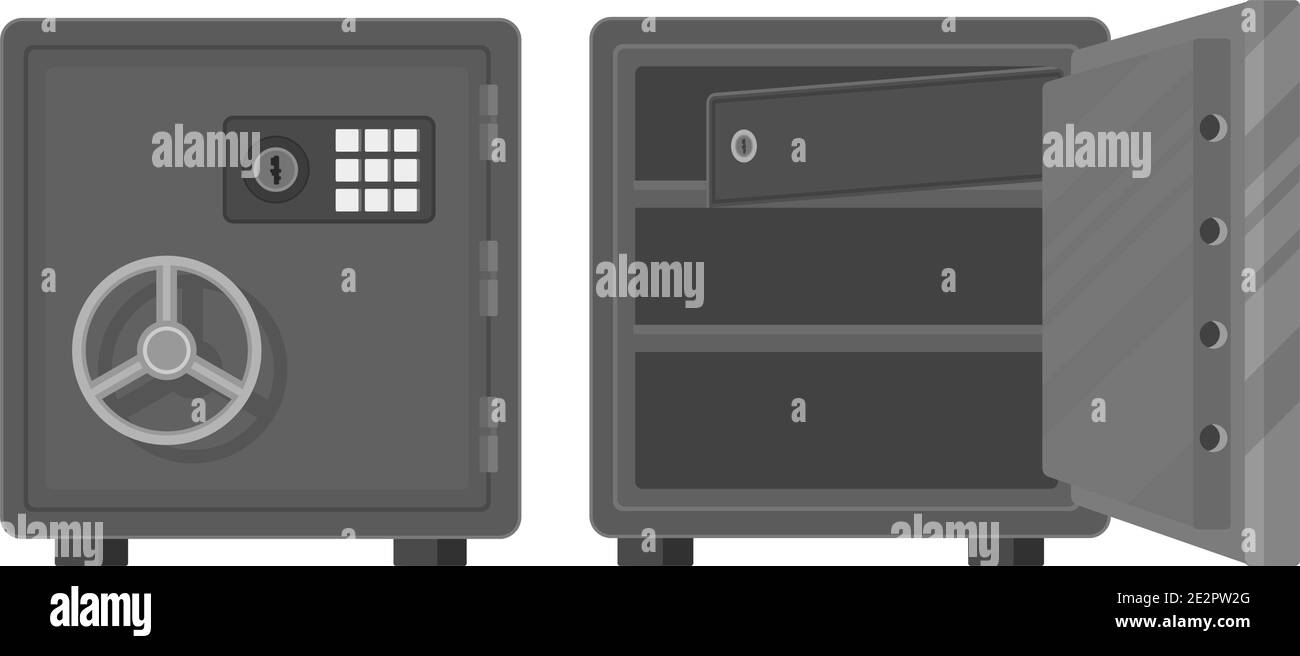 Closed bank safe and empty deposit safe with open door. Flat vector ...