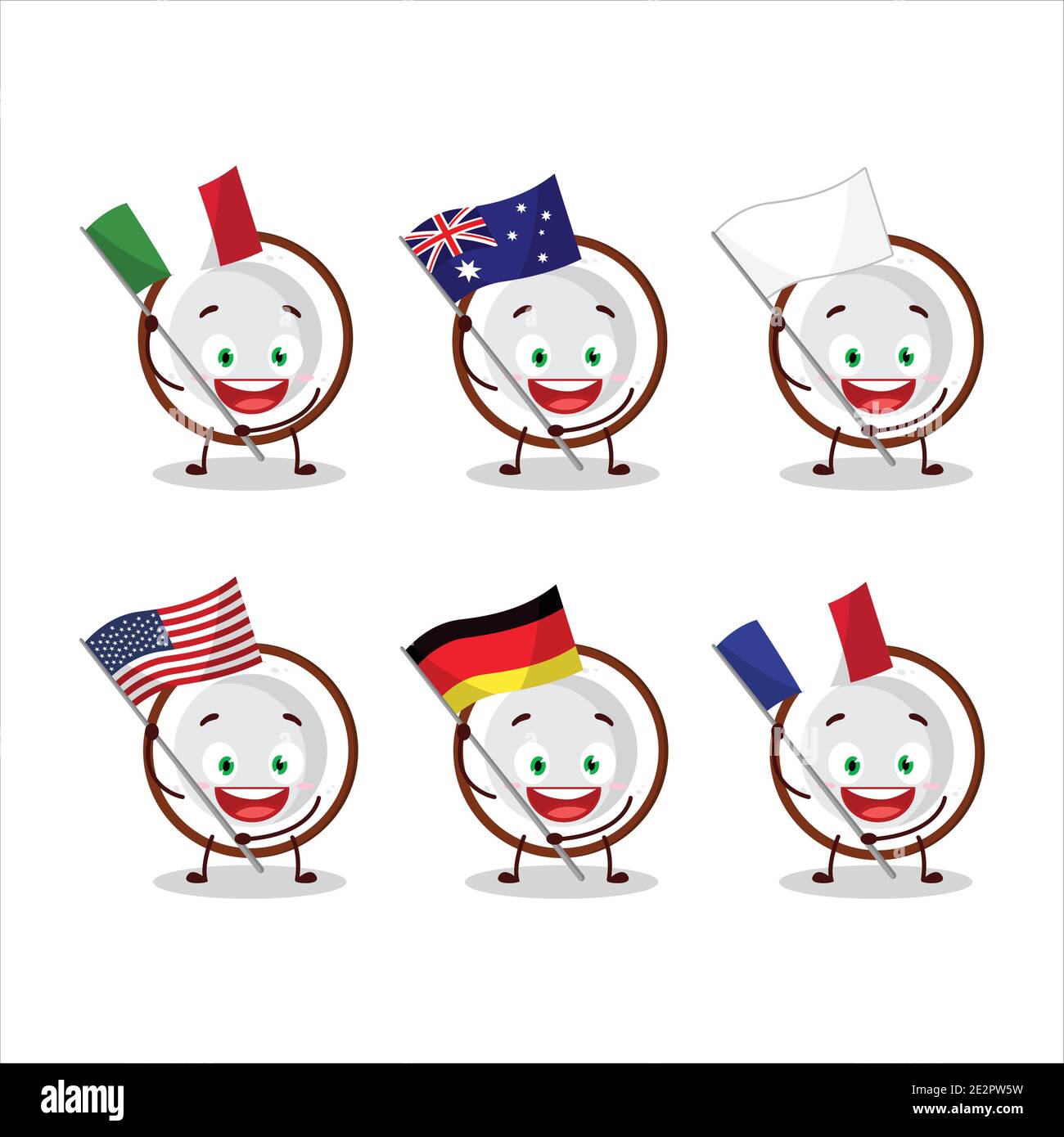 Slice of coconut cartoon character bring the flags of various countries ...