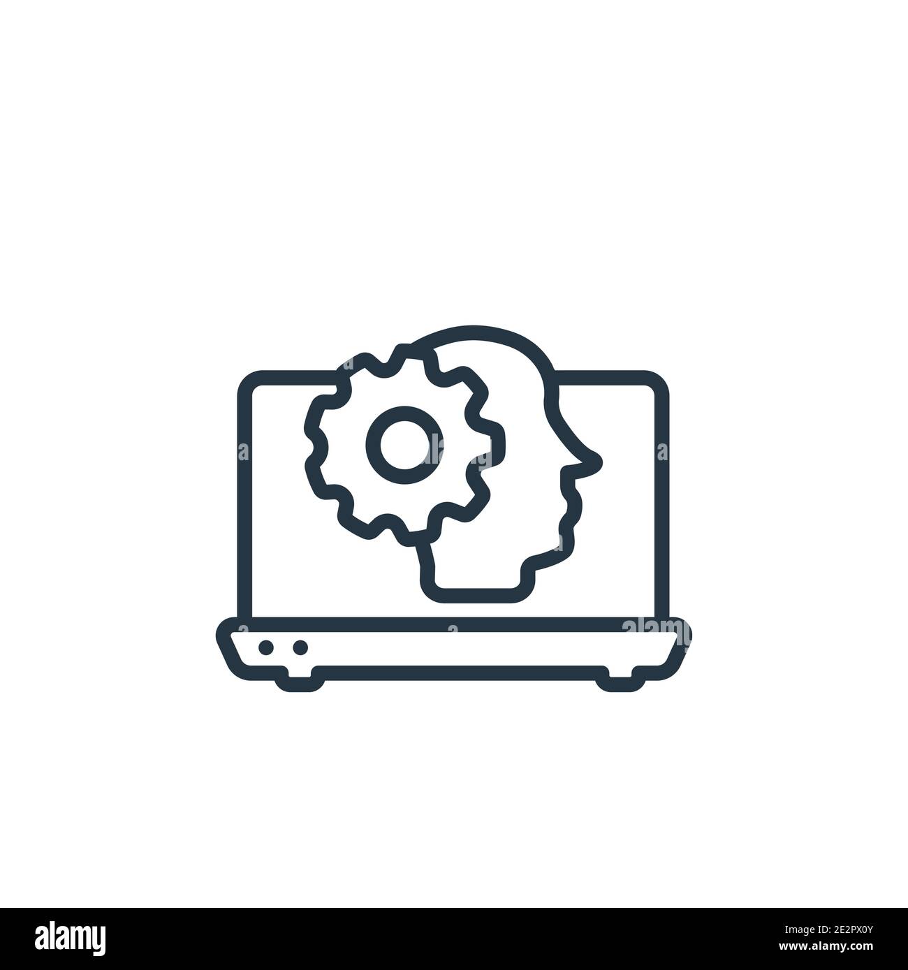 Laptop screen with human head graphic outline vector icon. Thin line ...