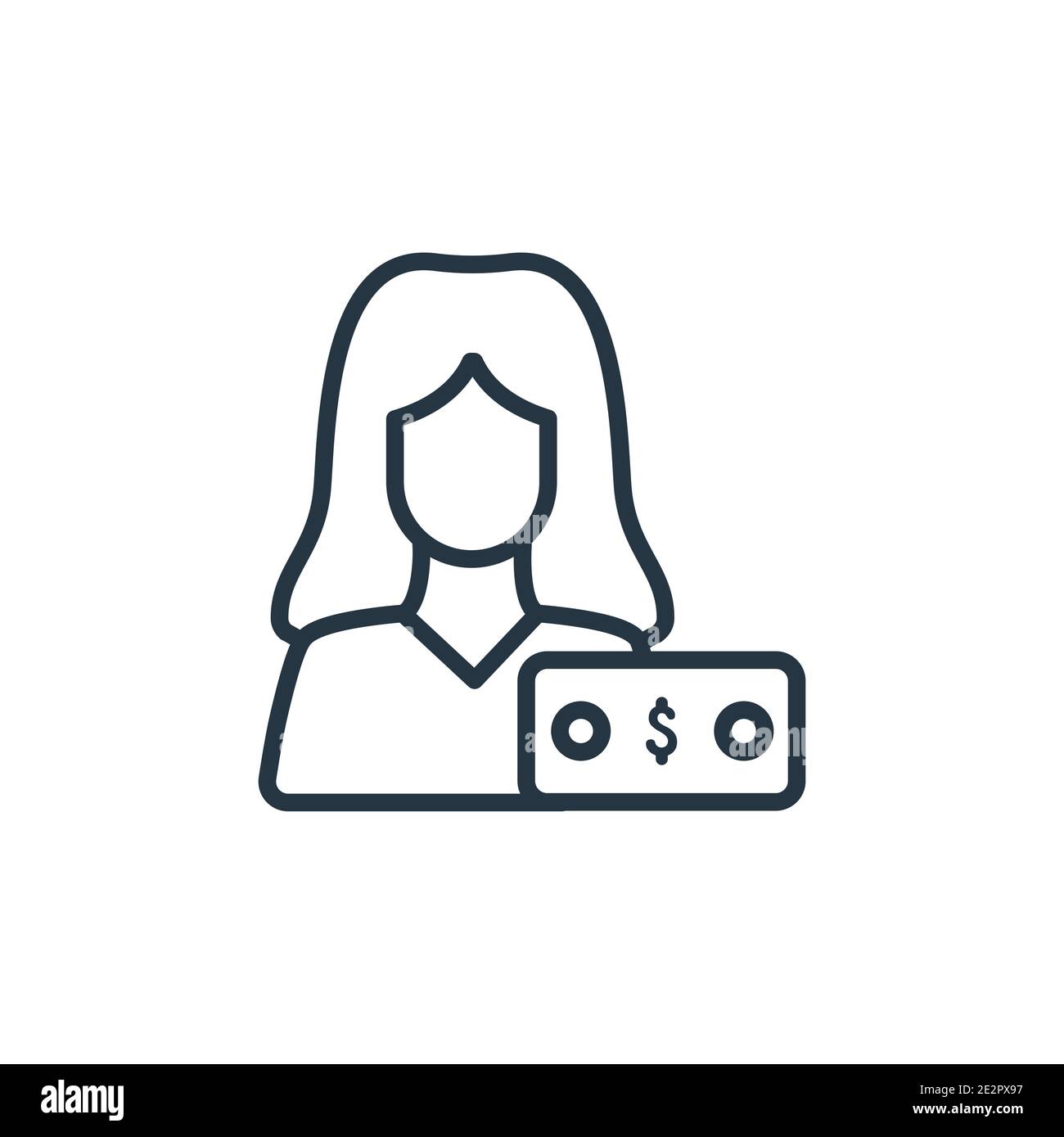Woman with money outline vector icon. Thin line black woman with money ...
