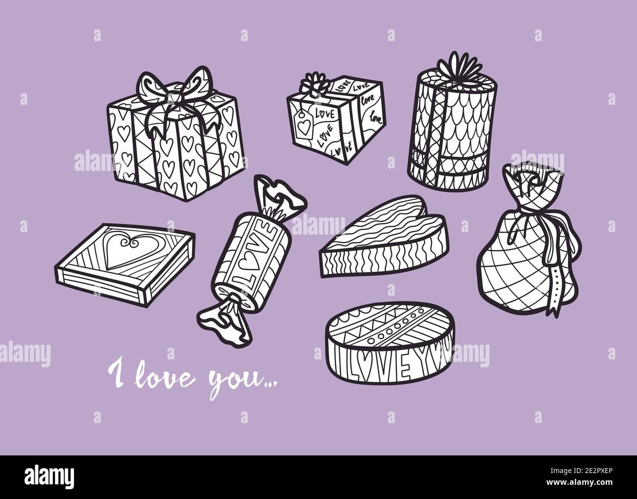 Valentines Day theme doodle coloring book. Vector antistress present ...