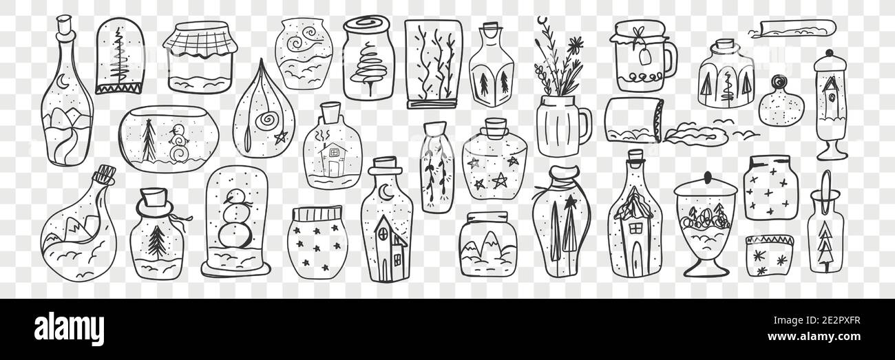 Glass toys and snow balls doodle set. Collection of hand drawn ...