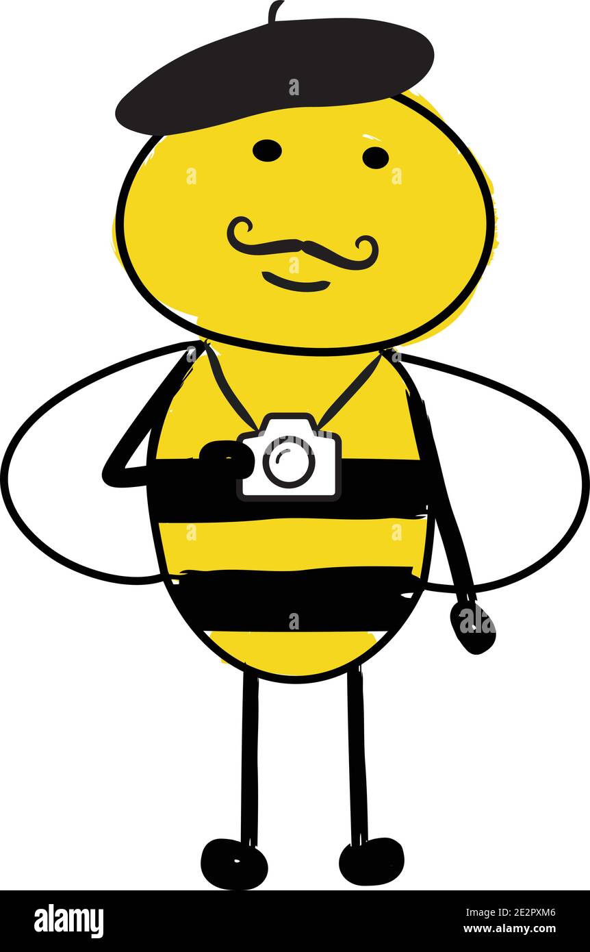 cartoon cute bee with mustache , beret, and holding camera. Creative ...