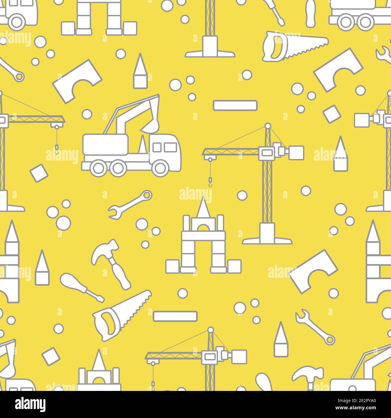 Vector seamless pattern with kid toys. Excavator, crane, toy tools, saw ...