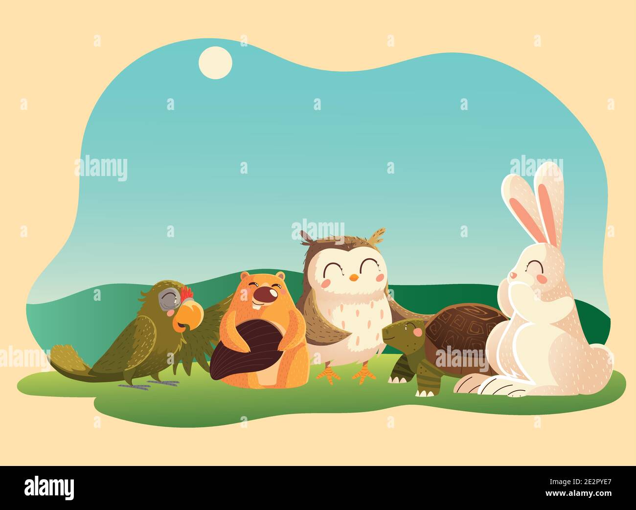 cartoon animals beaver rabbit owl parrot and turtle in the grass vector ...