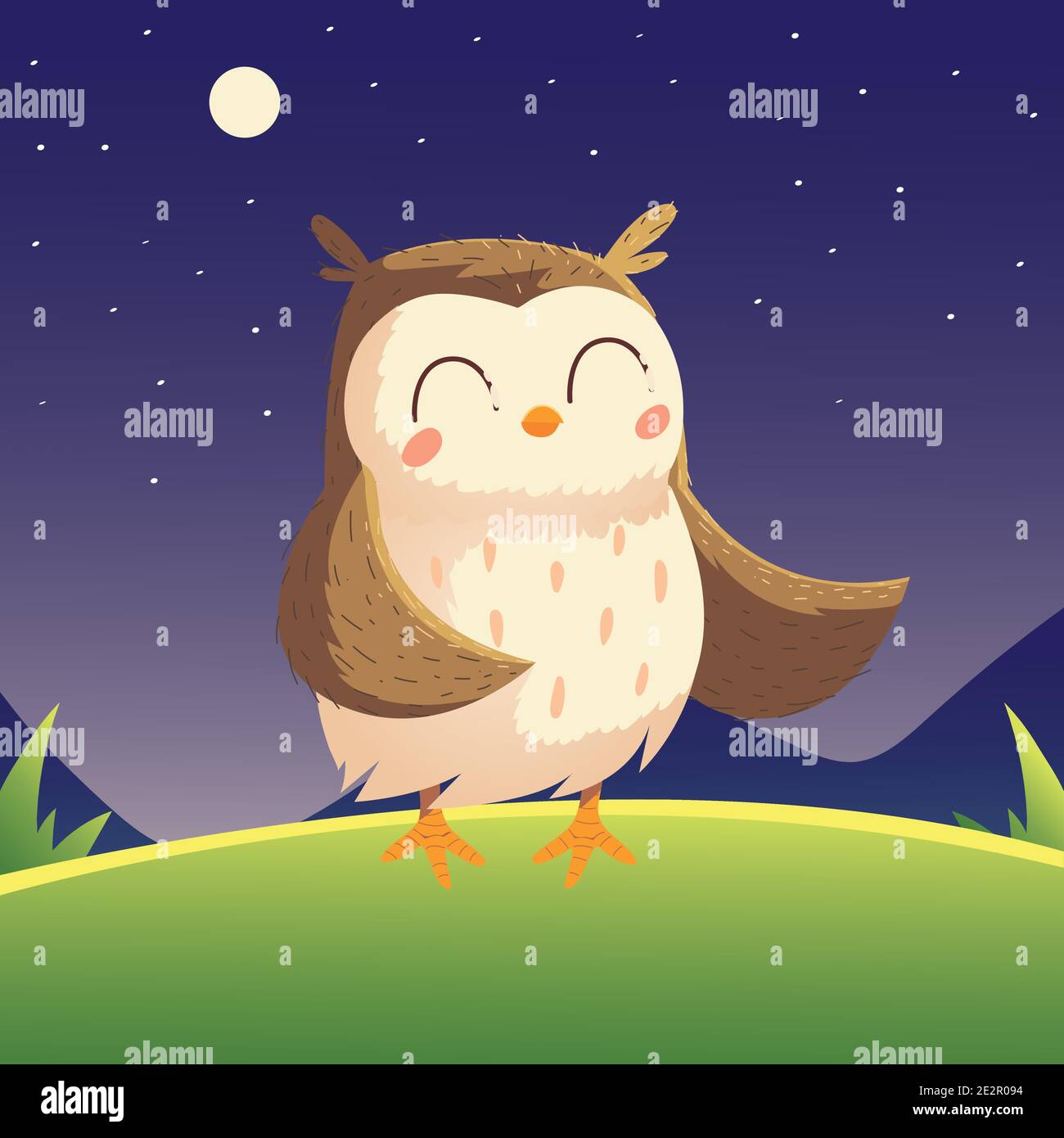 cute owl bird cartoon animal in the grass night sky vector illustration ...
