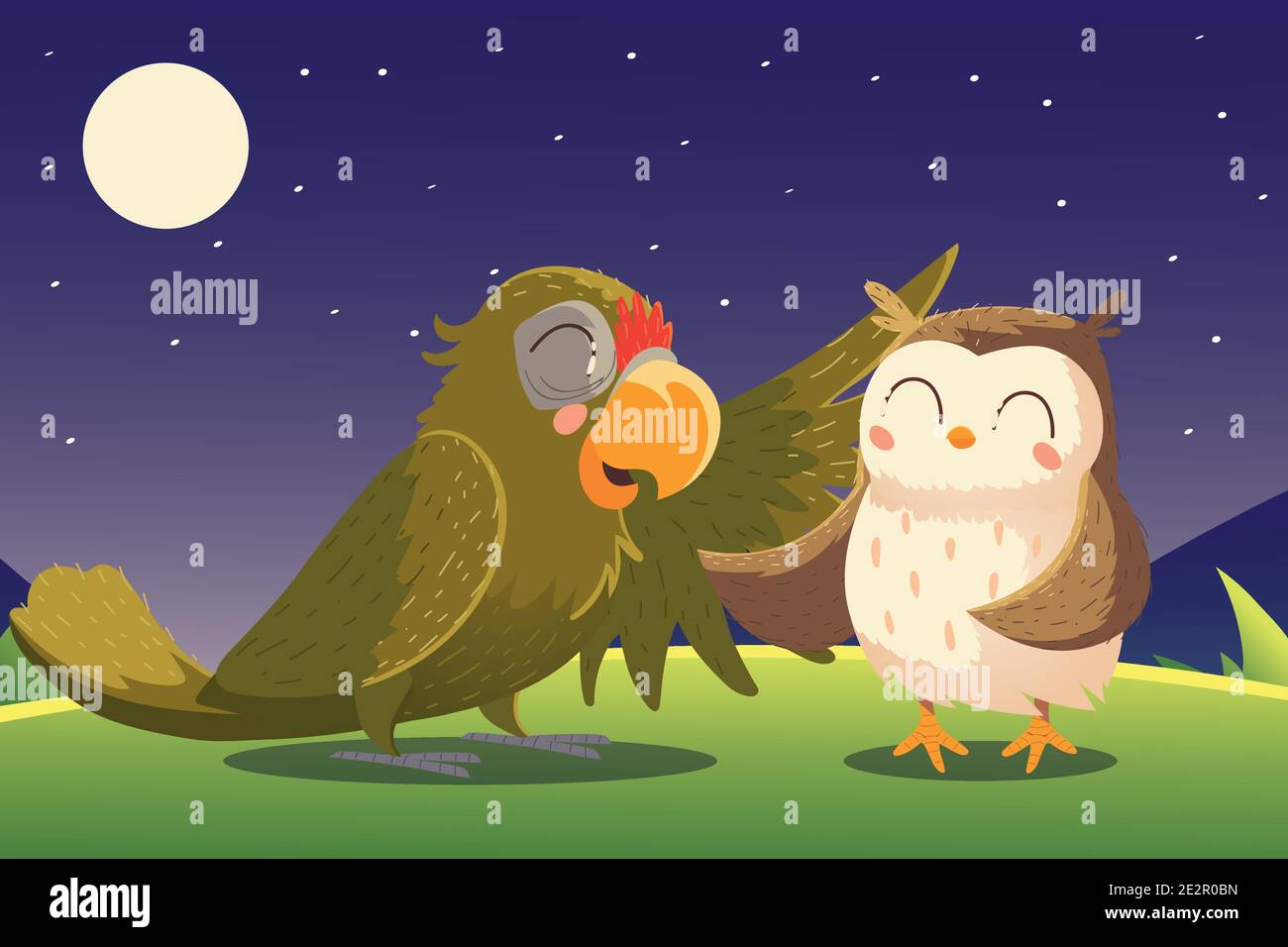 cartoon animals parrot and owl night nature landscape vector ...