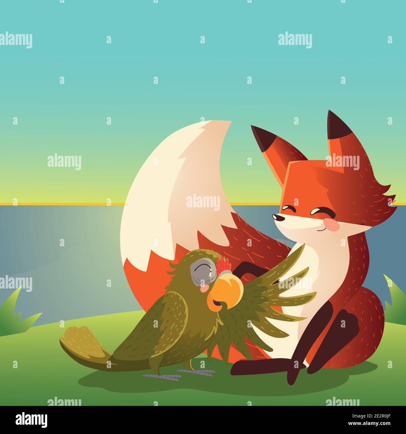 cute fox and parrot in grass cartoon animal vector illustration Stock ...