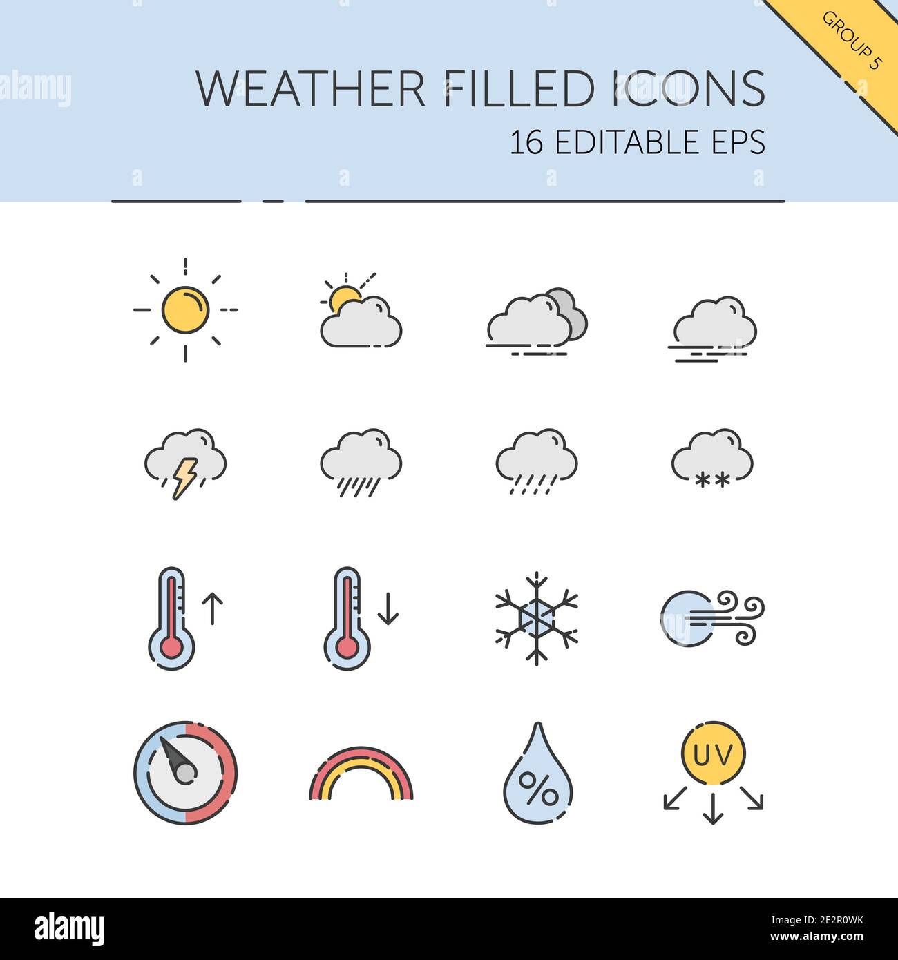 Weather and meteorology. Sun, clouds, temperature and pressure group ...