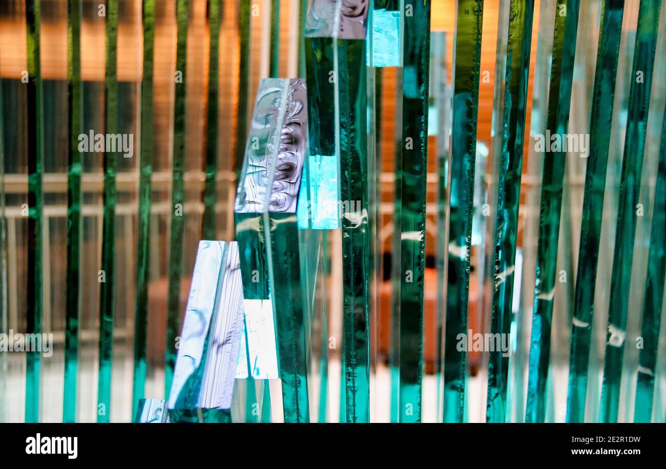 Hotel lobby artwork, with slabs of cut class Stock Photo - Alamy